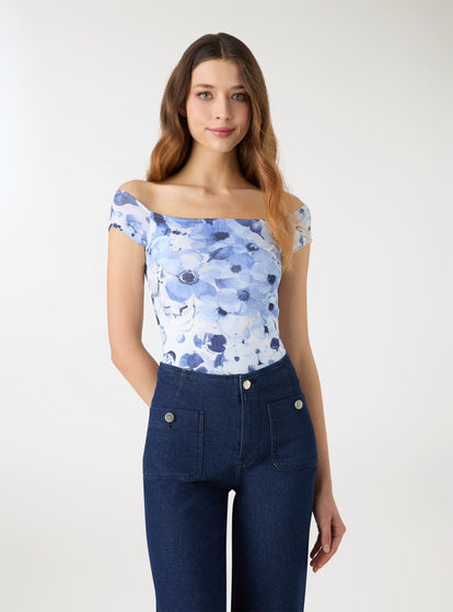 Body spalle scoperte a fiori Var blu denim SAB0082425001S179 - Terranova