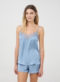 Blue denim Satin-effect tank top with lace and V-neckline - Buy Online ...
