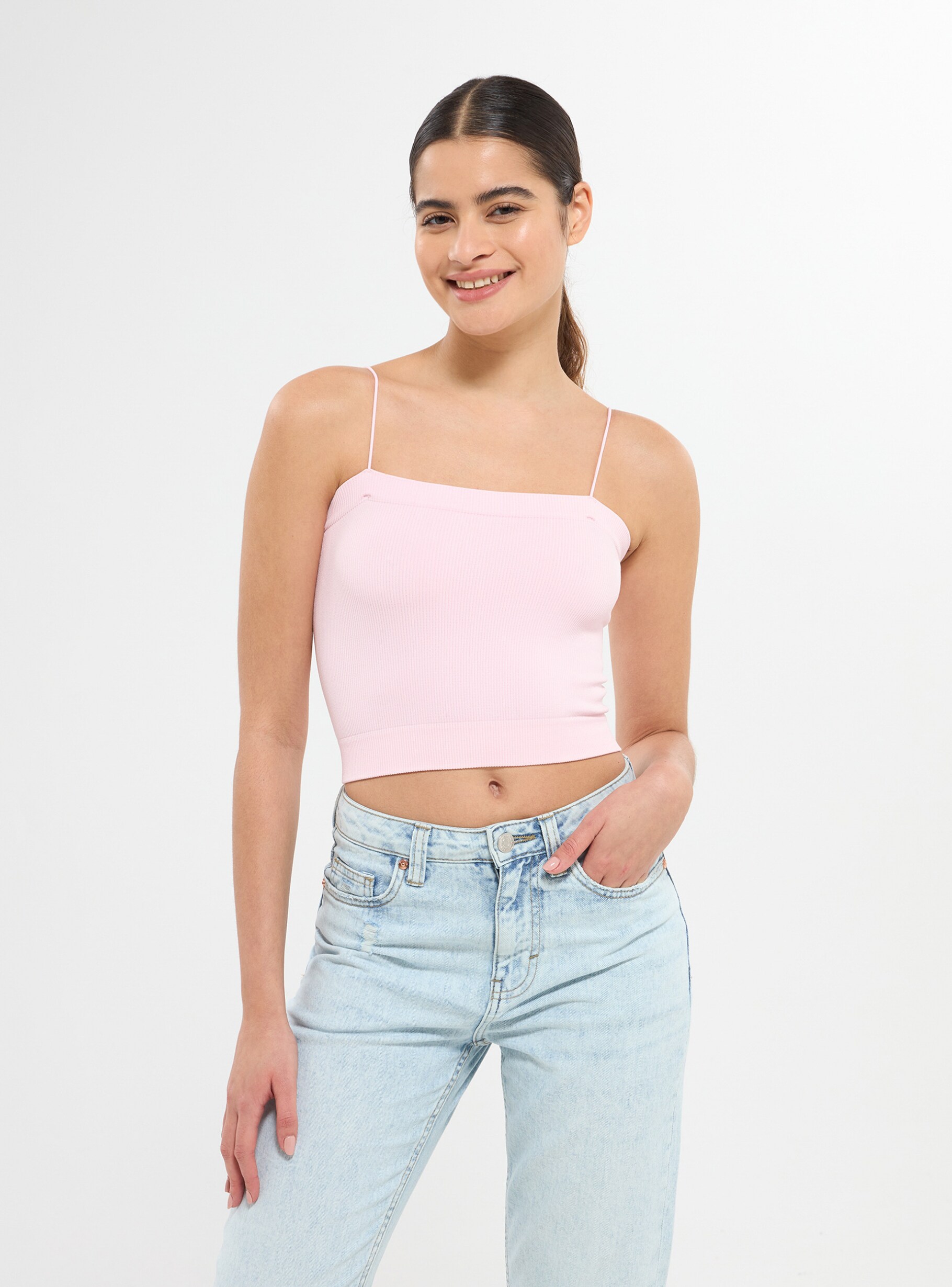 Rosa Nahtlose Trägertop mit Rippen und dünnen Trägern | Terranova
