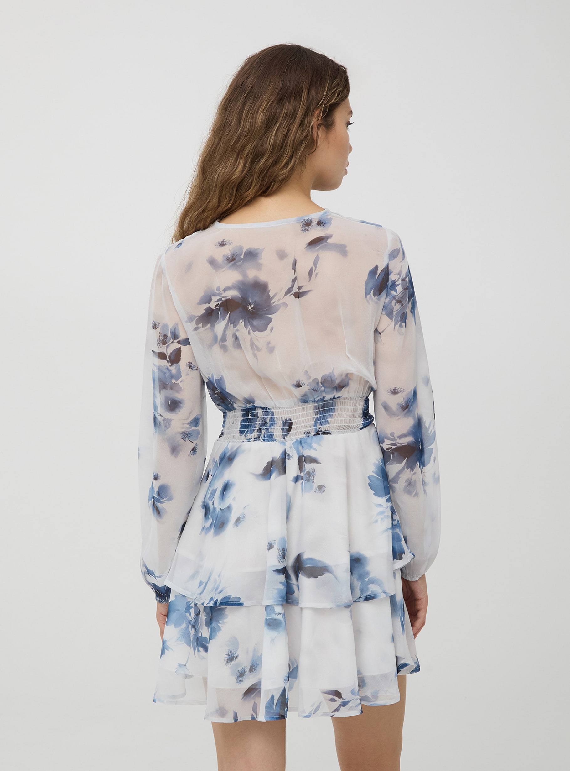 Vestito con fiori a balze e punto smock in vita Var celeste - Acquista ...