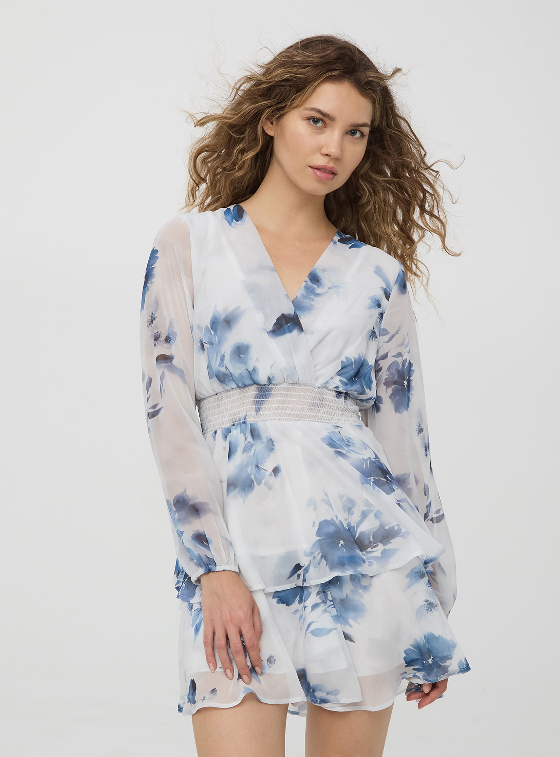 Vestito con fiori a balze e punto smock in vita Var celeste - Acquista ...