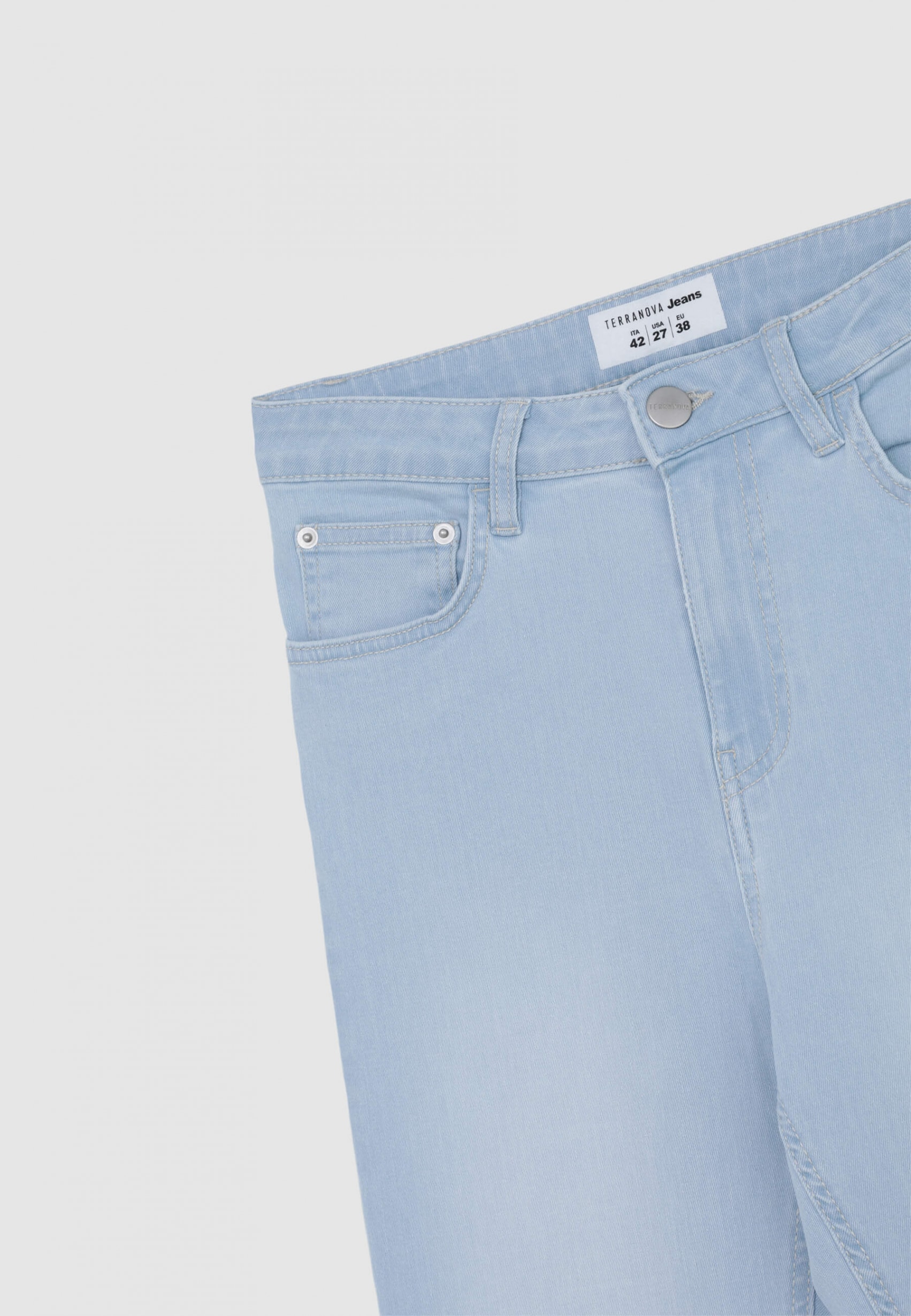 blu denim e çelët Jeans të hapur me këmbë të gjërë dhe bel të lartë ...