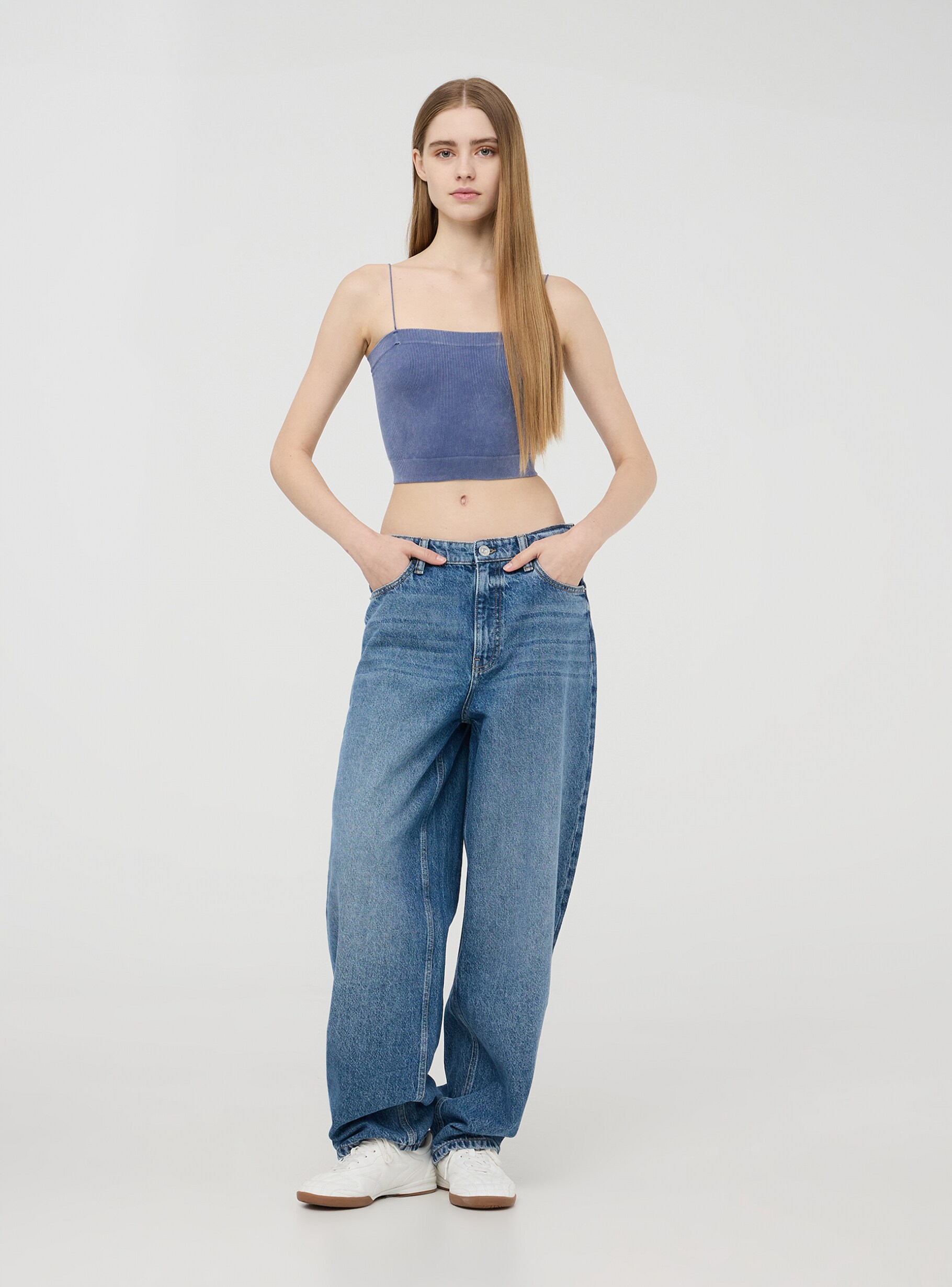 Blau Top Crop mit nahtlosen Rippen | Terranova
