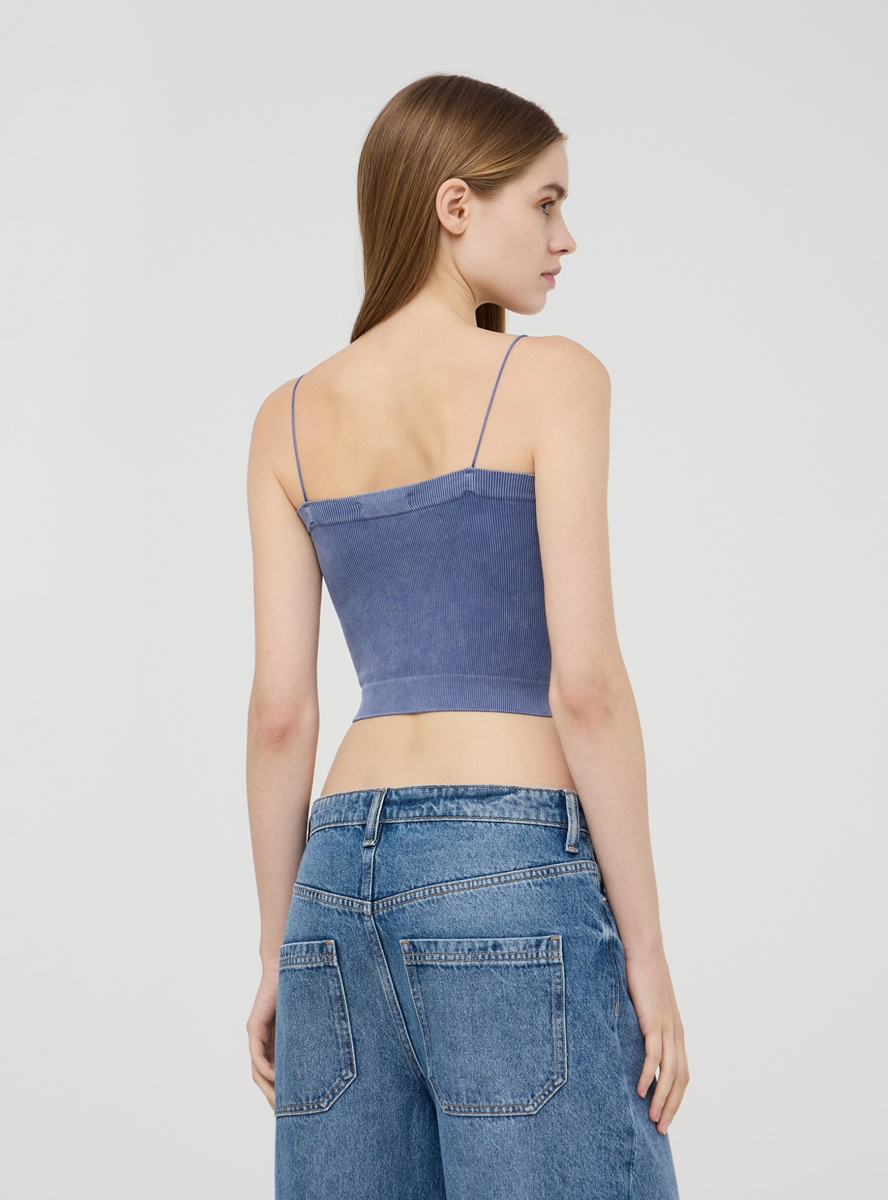 Blau Top Crop mit nahtlosen Rippen | Terranova