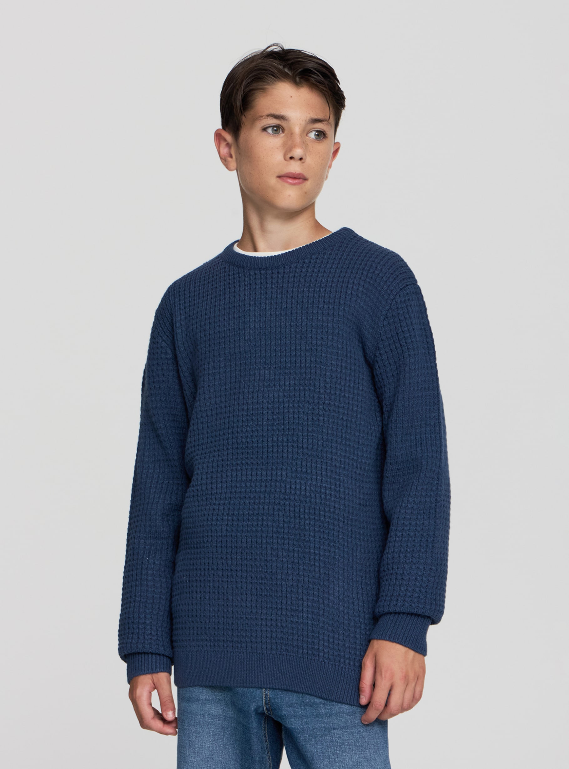 Dark blue denim Rice stitch knitted sweater - Buy Online | Terranova