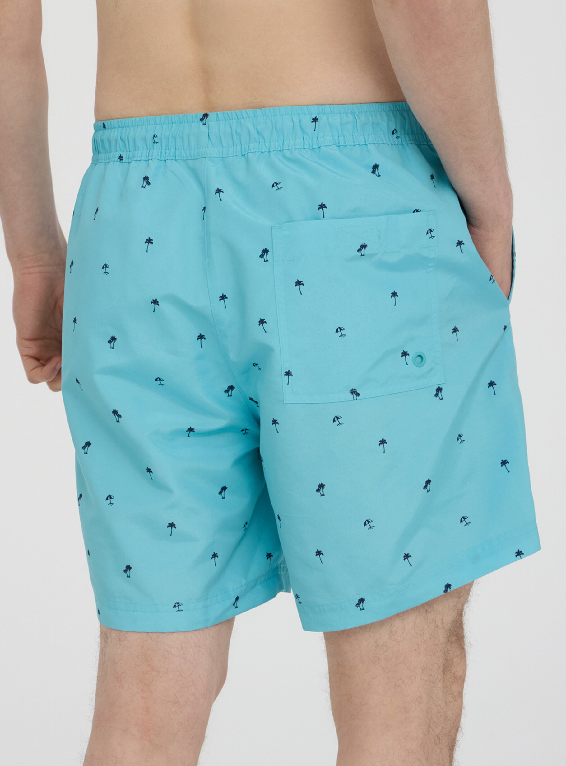 Var turquoise Micro-patterned Bermuda swim shorts with palm trees and ...